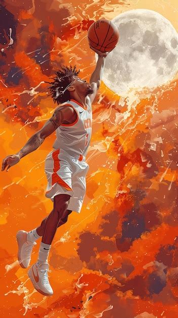 Dynamic Illustration Of A Basketball Player Doing A Slam Dunk Against A