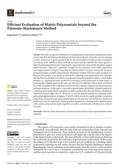 pdf efficient evaluation of matrix polynomials beyond the paterson stockmeyer method