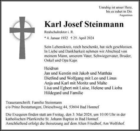 Traueranzeigen Von Karl Josef Steinmann Ga Trauer De