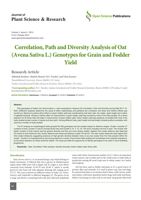 pdf correlation path and diversity analysis of oat avena satival genotypes for grain and