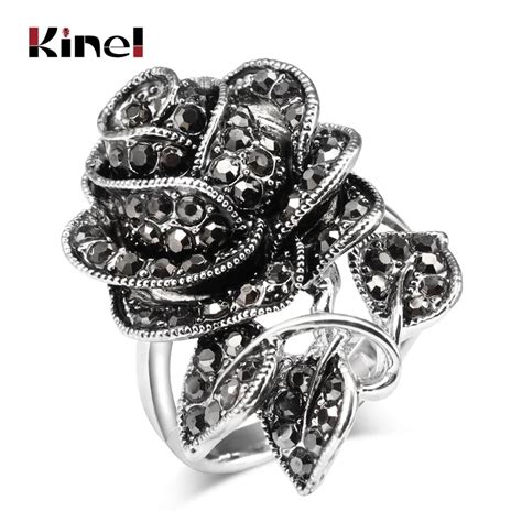 Kinel Anel Rosa Vintage Para Mulheres Cor Prata Antiga An Is De Cristal