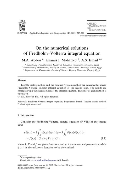 pdf on the numerical solutions of fredholm volterra integral equation