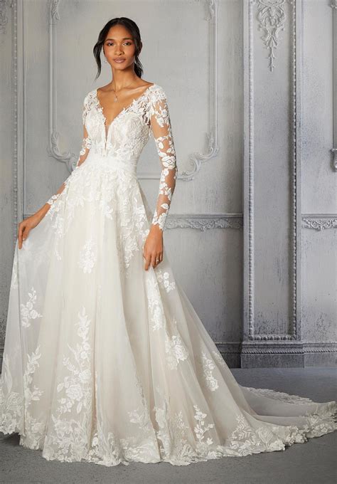 V Neck Wedding Dresses Lace Long Sleeves Sheer Bodice Bridal Gown A