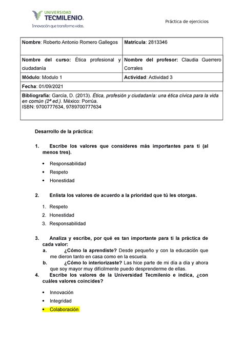 Actividad 2 Etica profesional y ciudadanía TecMilenio Studocu