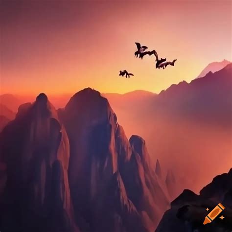 Photo Realistic Image Of Dragons Flying Over Chinese Mountains