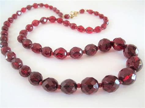 Red Crystal Necklace Glass Faceted Beads Single Strand Necklace Red