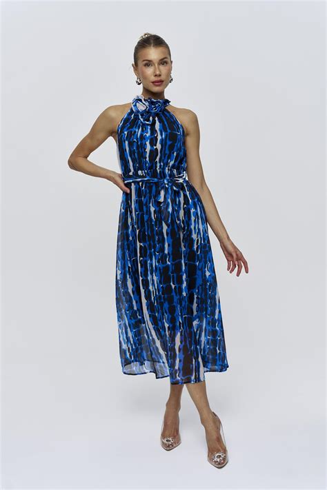 Batik Desenli Halter Yaka Mavi Midi Elbise Tuba Butik