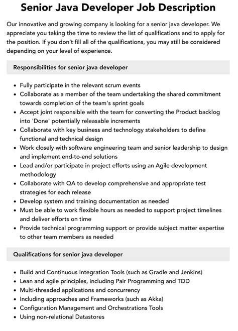 senior java developer job description velvet jobs