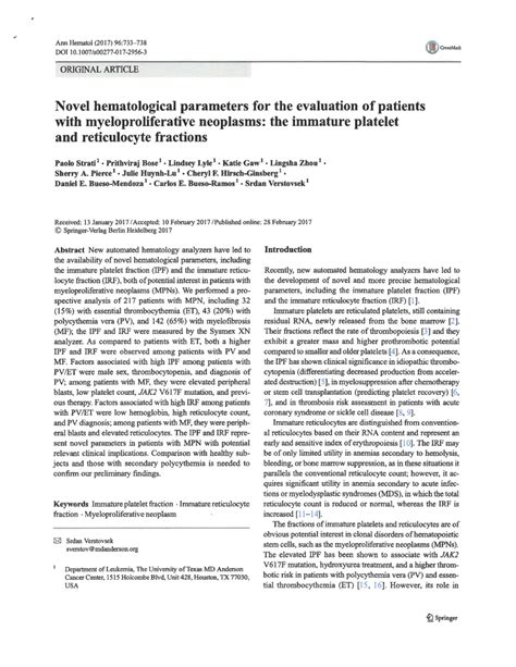 PDF Novel Hematological Parameters For The Evaluation Of Patients