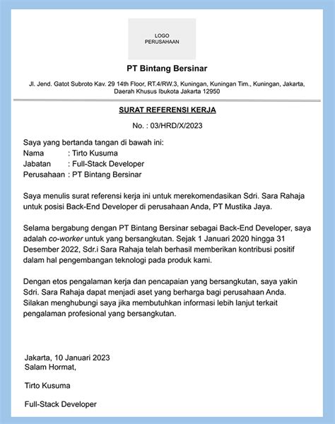 Contoh Surat Referensi Kerja Untuk Karyawan Bukan Paklaring