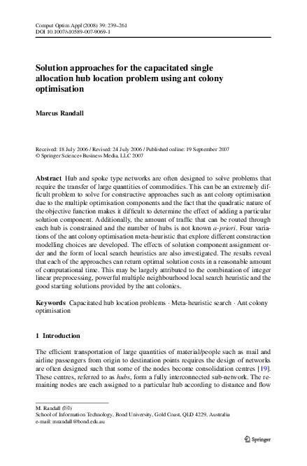 pdf solution approaches for the capacitated single allocation hub location problem using ant