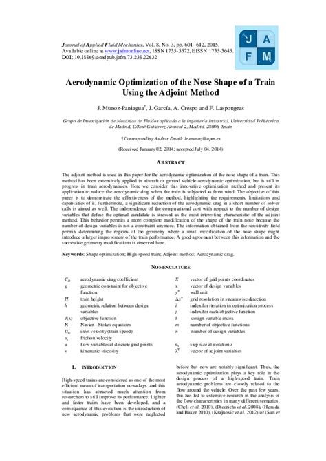 pdf aerodynamic optimization of the nose shape of a train using the adjoint method antonio