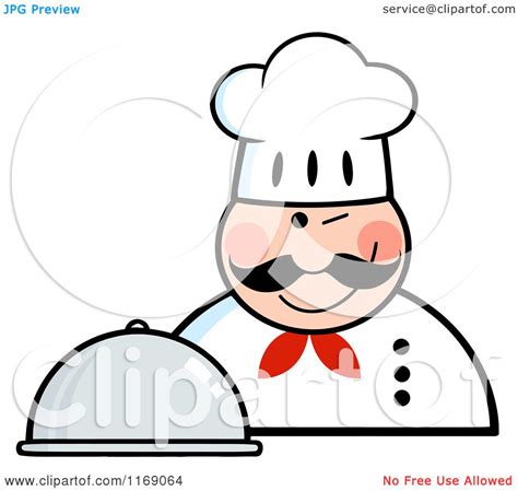 Cartoon Of A Happy Chef Holding A Cloche Platter And A Winking
