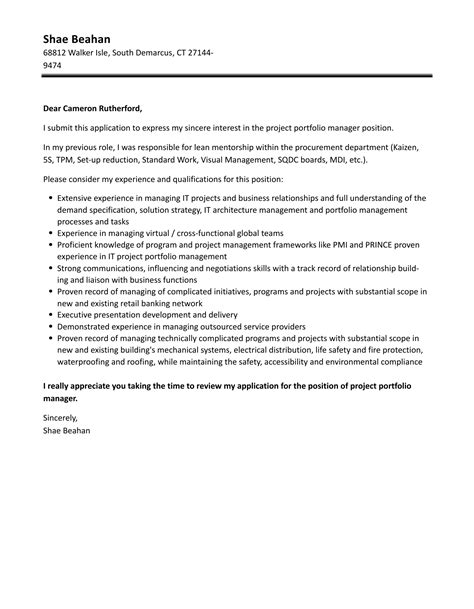 Project Portfolio Manager Cover Letter Velvet Jobs