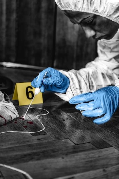 Premium Photo Forensic Investigator Collecting Blood Evidence From A