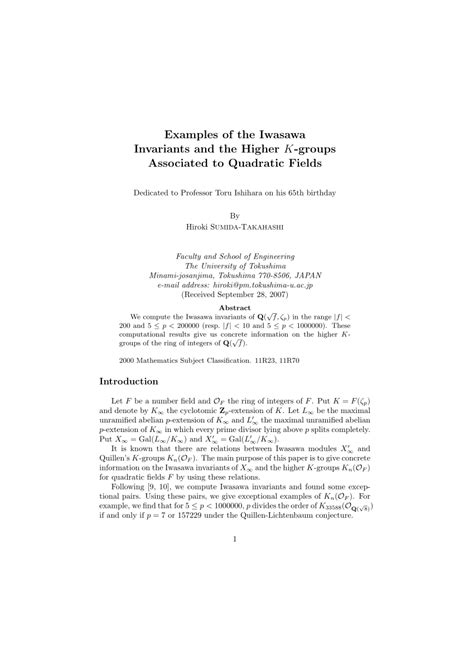pdf examples of the iwasawa invariants and the higher k groups associated to quadratic fields
