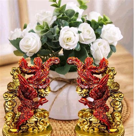 Estátua Casal Phoenix Fênix Pássaro Fogo Místico Decoração Althea