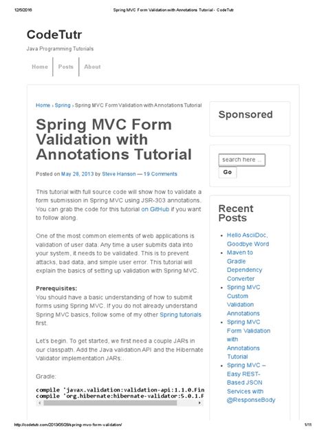 spring mvc form validation with annotations tutorial codetutr pdf spring framework java