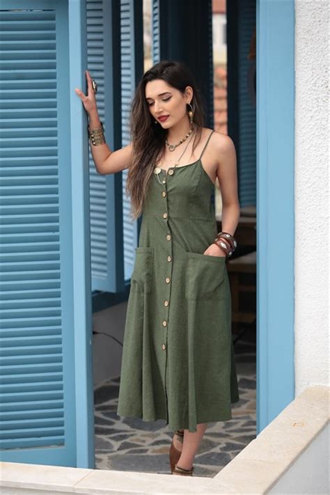 Yeşil Midi Boy Çapraz Askılı Elbise Şaman Butik Bohem Giyim ve
