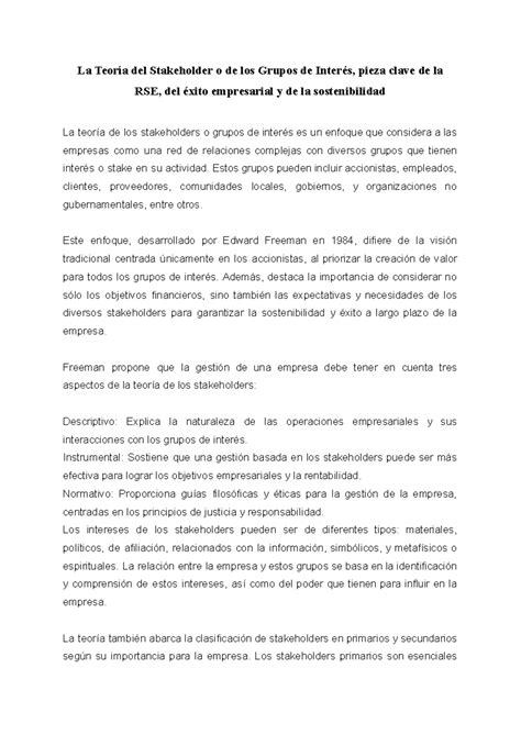 La Teoría del Stakeholder o de los Grupos de Interés pieza clave de la