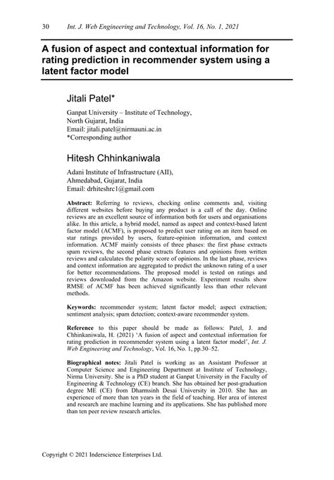 pdf a fusion of aspect and contextual information for rating prediction in recommender system