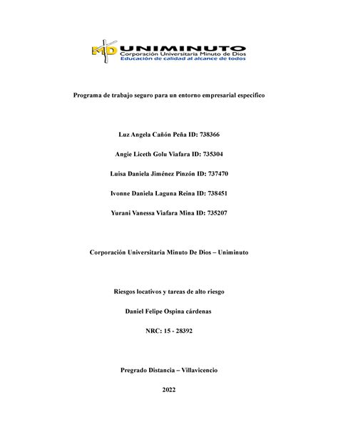 Actividad 2 Y 3 Riesgos Locativos Y Tareas De Alto Riesgo Programa De