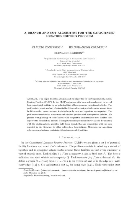 pdf a branch and cut method for the capacitated location routing problem roberto calvo