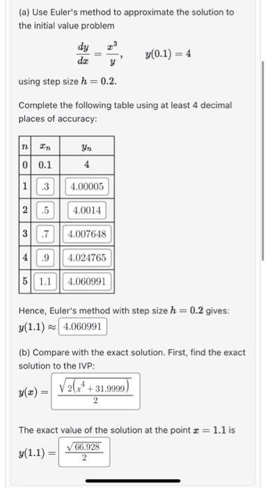 solved a use euler s method to approximate the solution to