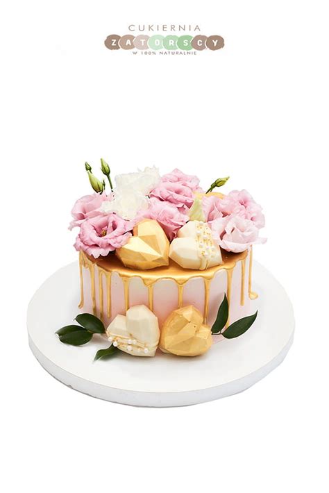 Tort Klasyczny Drip Cake Złoto z Żywymi Kwiatami Cukiernia Zatorscy