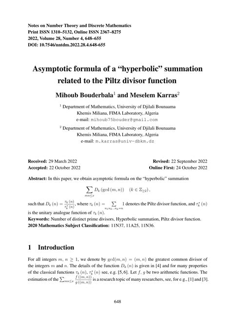 pdf asymptotic formula of a hyperbolic summation related to the piltz divisor function