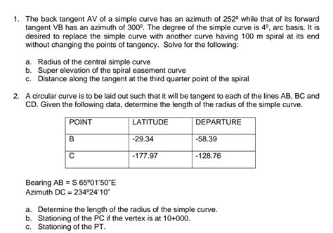 Solved The Back Tangent Av Of A Simple Curve Has An Chegg
