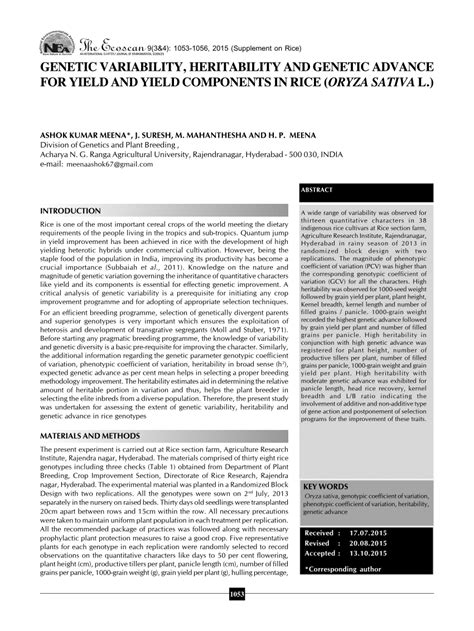 pdf genetic variability heritability and genetic advance for yield and yield components in