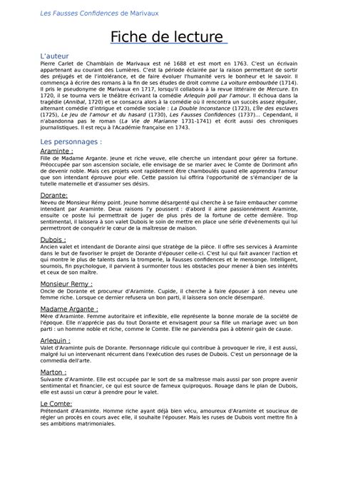 Fiche De Lecture Les Fausses Confidences Les Fausses Confidences De