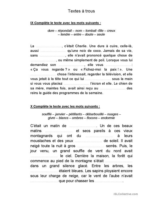 Textes à trous 5 compréhension génér Français FLE fiches pedagogiques