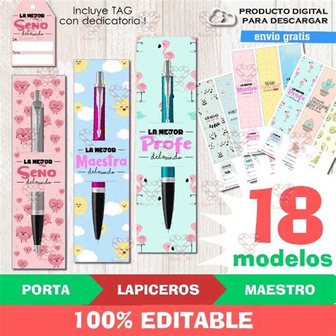 Kit Imprimible PortaLapiceras TAG Dia Del Maestro Editable Super