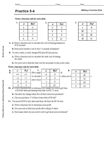 writing function rules from tables worksheet