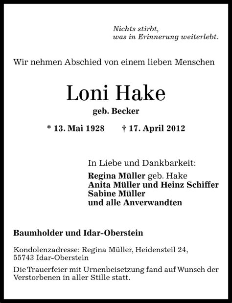 Traueranzeigen Von Loni Hake Rz Trauer De