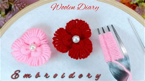 Super Easy Woolen Flower Making Trick With Fork Hand Embroidery Designs