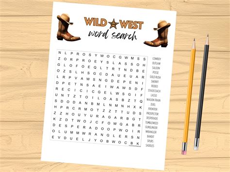 Wild West Word Search Puzzle Challenging Cowboy Old West Themed