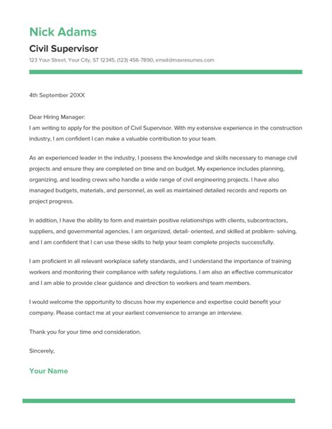 Best Civil Supervisor Cover Letter Example For