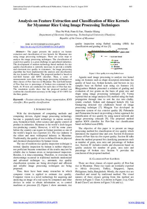 pdf analysis on feature extraction and classification of rice kernels for myanmar rice using