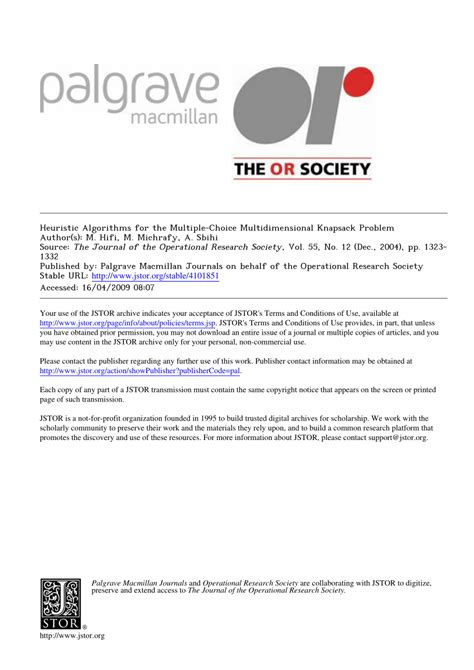 pdf heuristic algorithms for the multiple choice multidimensional knapsack problem