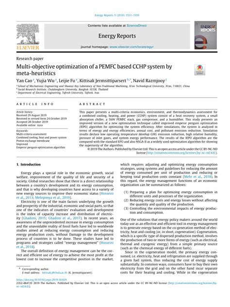 pdf multi objective optimization of a pemfc based cchp system by meta heuristics