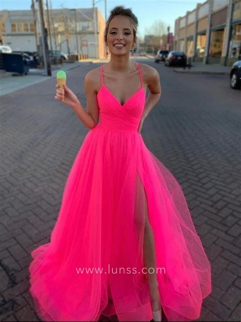 Hot Pink Tulle V Neck Slit A Line Long Prom Party Dress Lunss