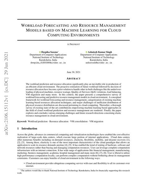 pdf workload forecasting and resource management models based on machine learning for cloud