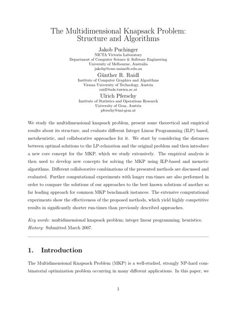 pdf the multidimensional knapsack problem structure and algorithms