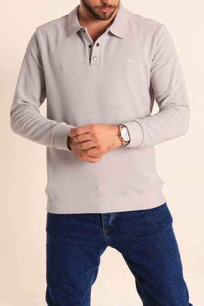Gri Regular Fit Polo Yaka Uzun Kollu Erkek Sweatshirt 219567