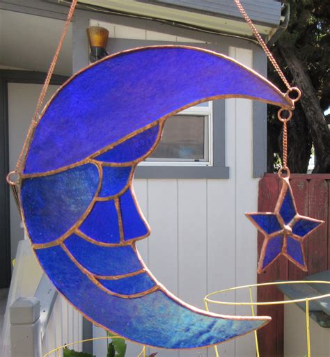 Man In Moon Star Sun Catcher Of Iridesent Royal Blue Stained Glass