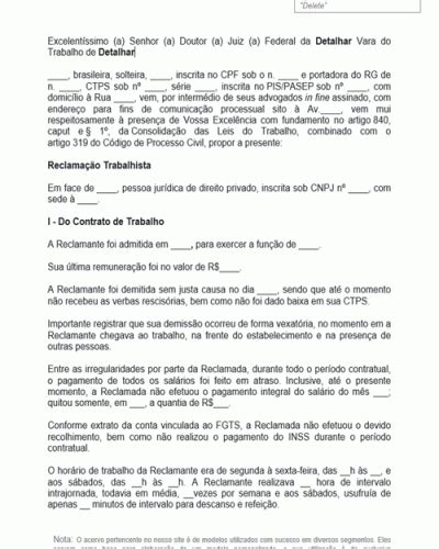 Modelo de Petição Inicial Trabalhista