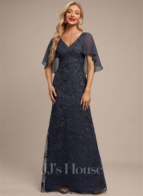 Sheath Column V Neck Sweep Train Chiffon Lace Evening Dress With
